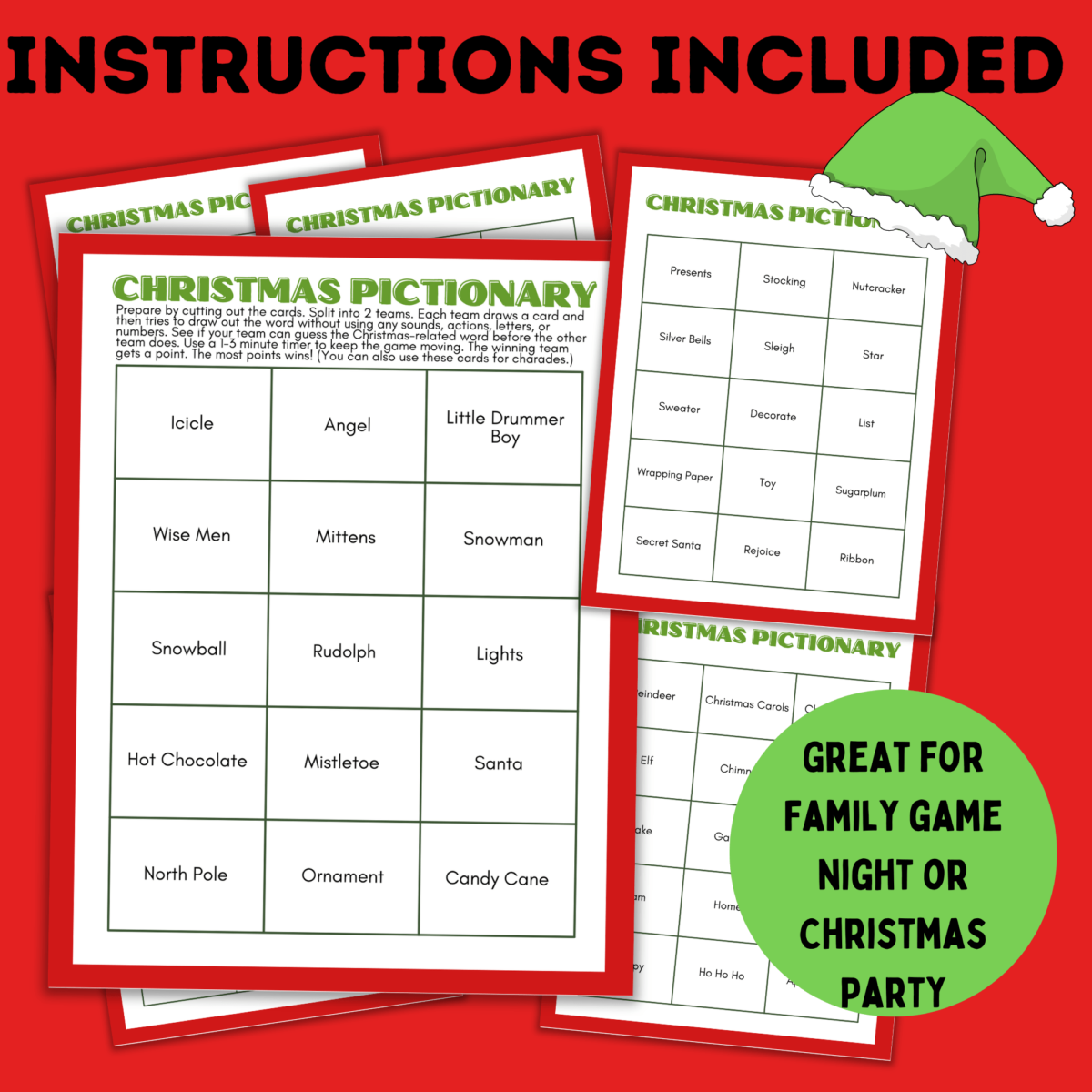 Christmas Pictionary Printable Word List Cards For Kids - Paper ...