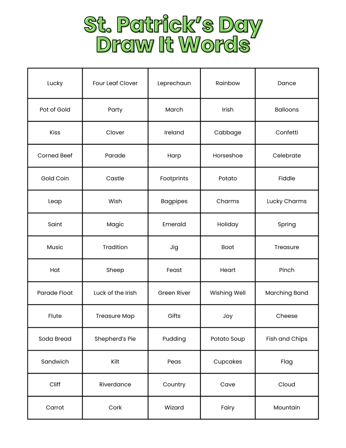 Free Printable Creative St. Patrick’s Day Pictionary Words & Cards